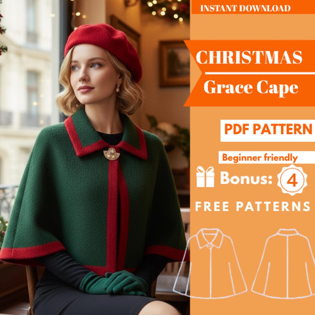 Elegant Christmas Cape – Green Wool Cloak With Red Trim, Holiday ...