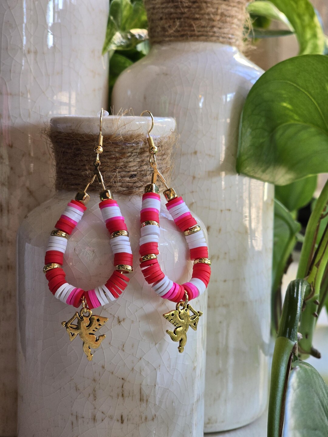 Pink, Red & White Heishi Clay Bead Teardrop Hoop Earrings With Cupid ...