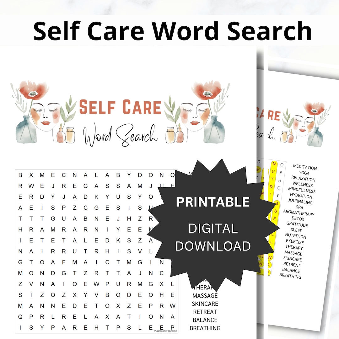 Self Care Word Search Puzzle, Mental Health Word Search Wellness ...