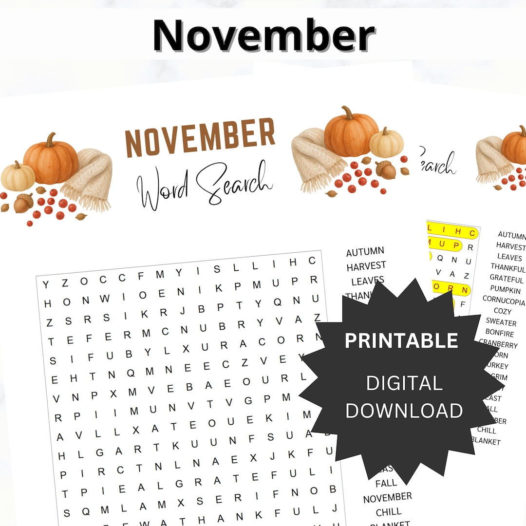 November Word Search Puzzle: Cozy Fall Activity (instant Download ...