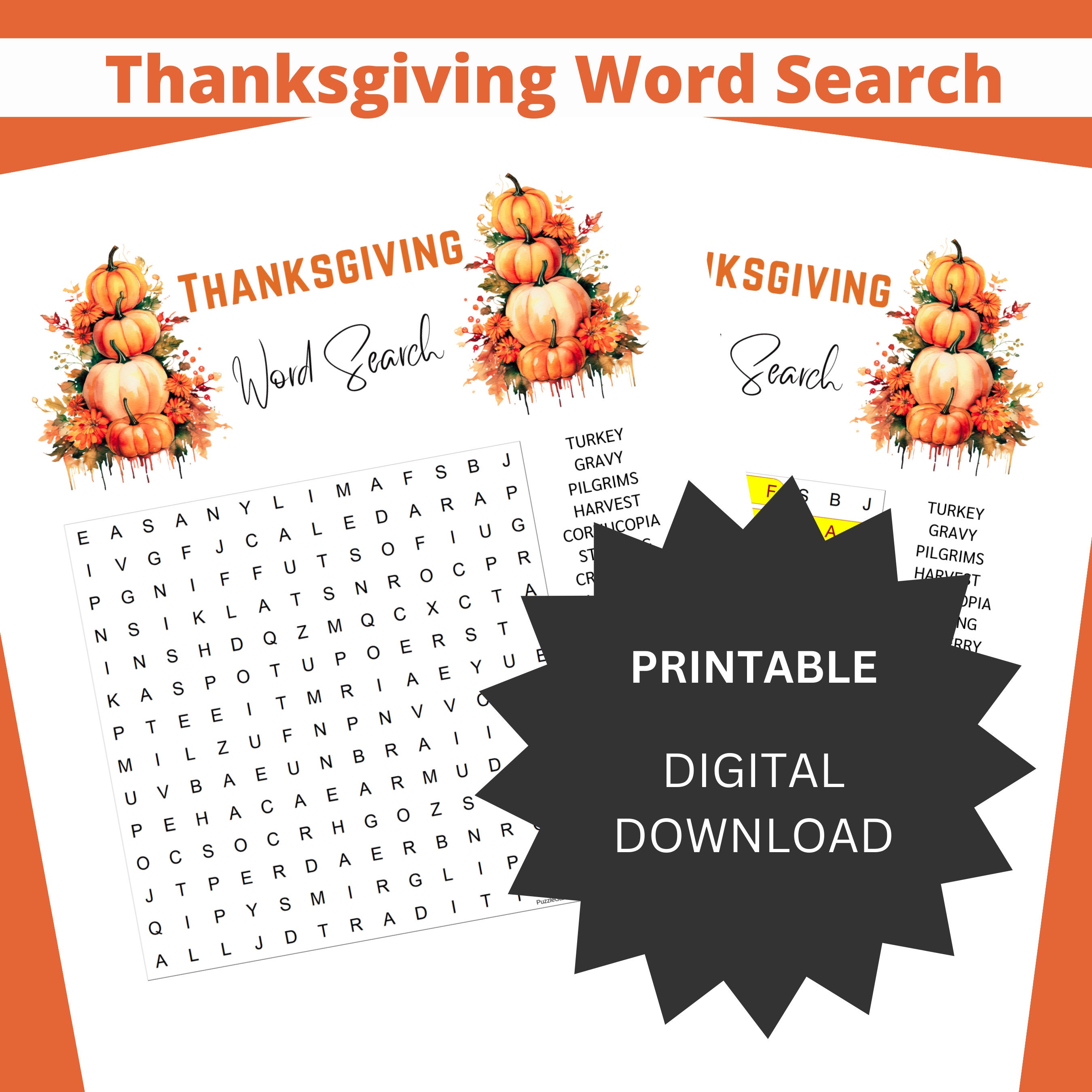 Thanksgiving Word Search Printable Turkey Dinner Party Game Search and ...
