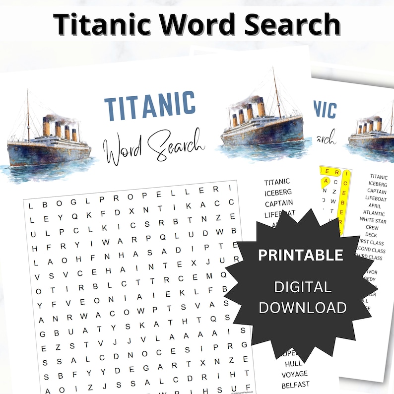 Titanic Word Search Puzzle: Printable History Worksheet (digital ...