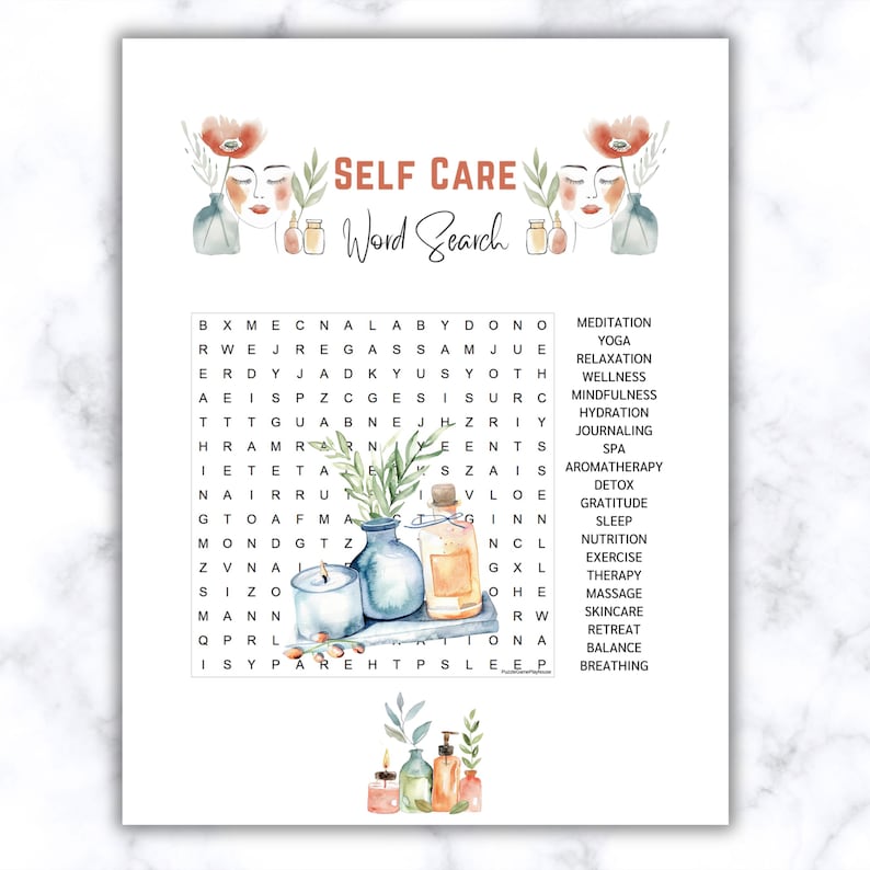 Self Care Word Search Puzzle, Mental Health Word Search Wellness ...