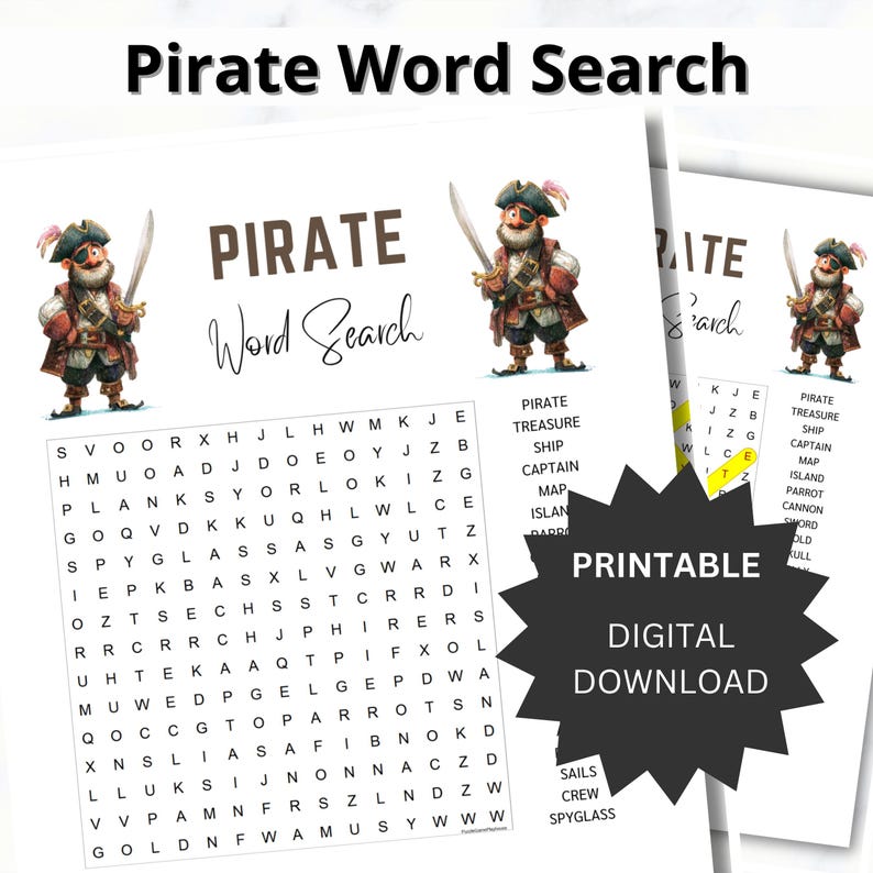 Pirate Word Search Puzzle: Kids Printable Game (PDF Download, 8.5x11in ...