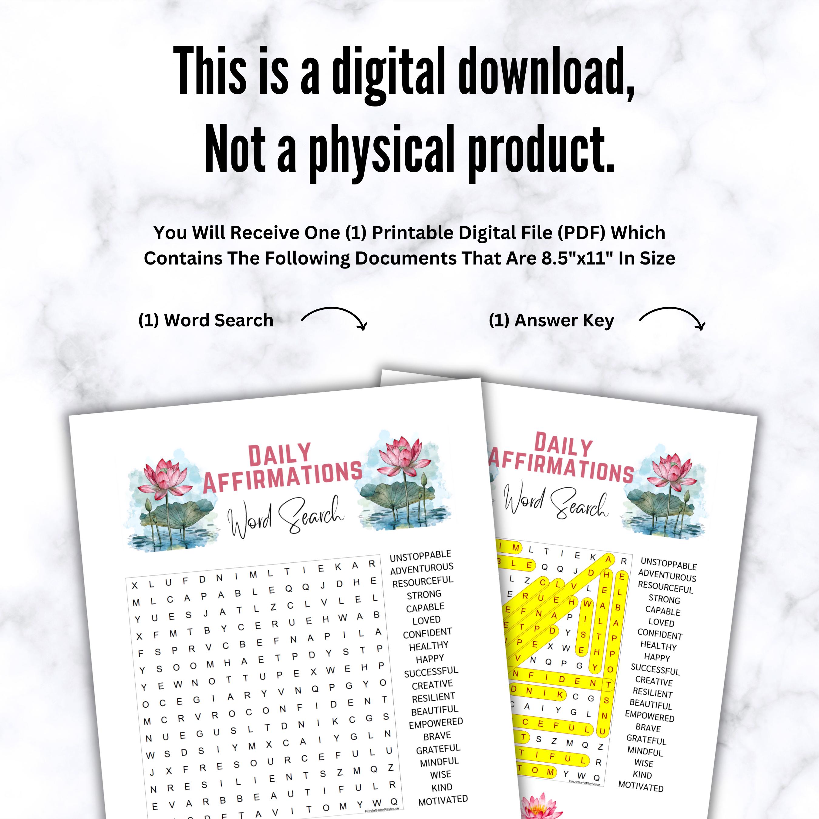 Daily Affirmations Word Search Puzzle, Mental Health Printable, Self ...