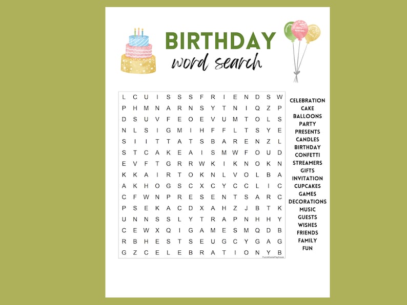 Birthday Word Search Puzzle: Printable Party Game (PDF) - Etsy