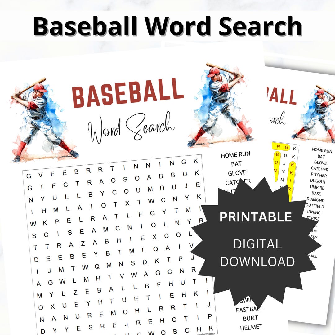 Baseball Word Search Puzzle, Printable Baseball Team Party Game, Family ...
