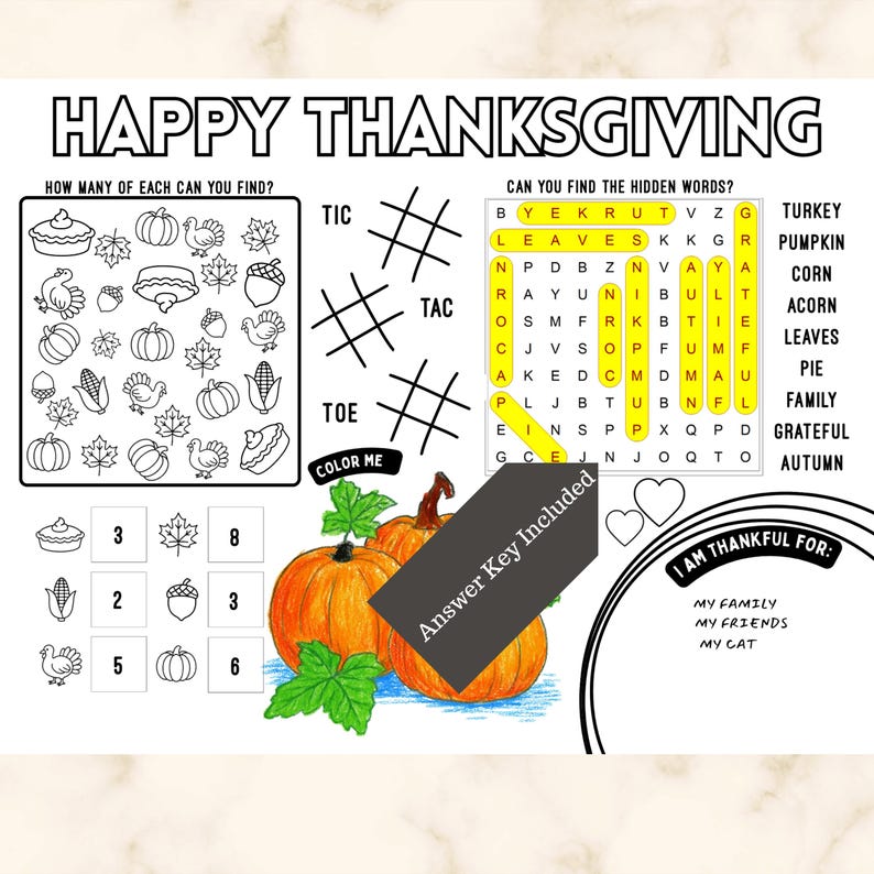 Thanksgiving Placemat | Kids' Activities, Word Search (PDF) - Etsy