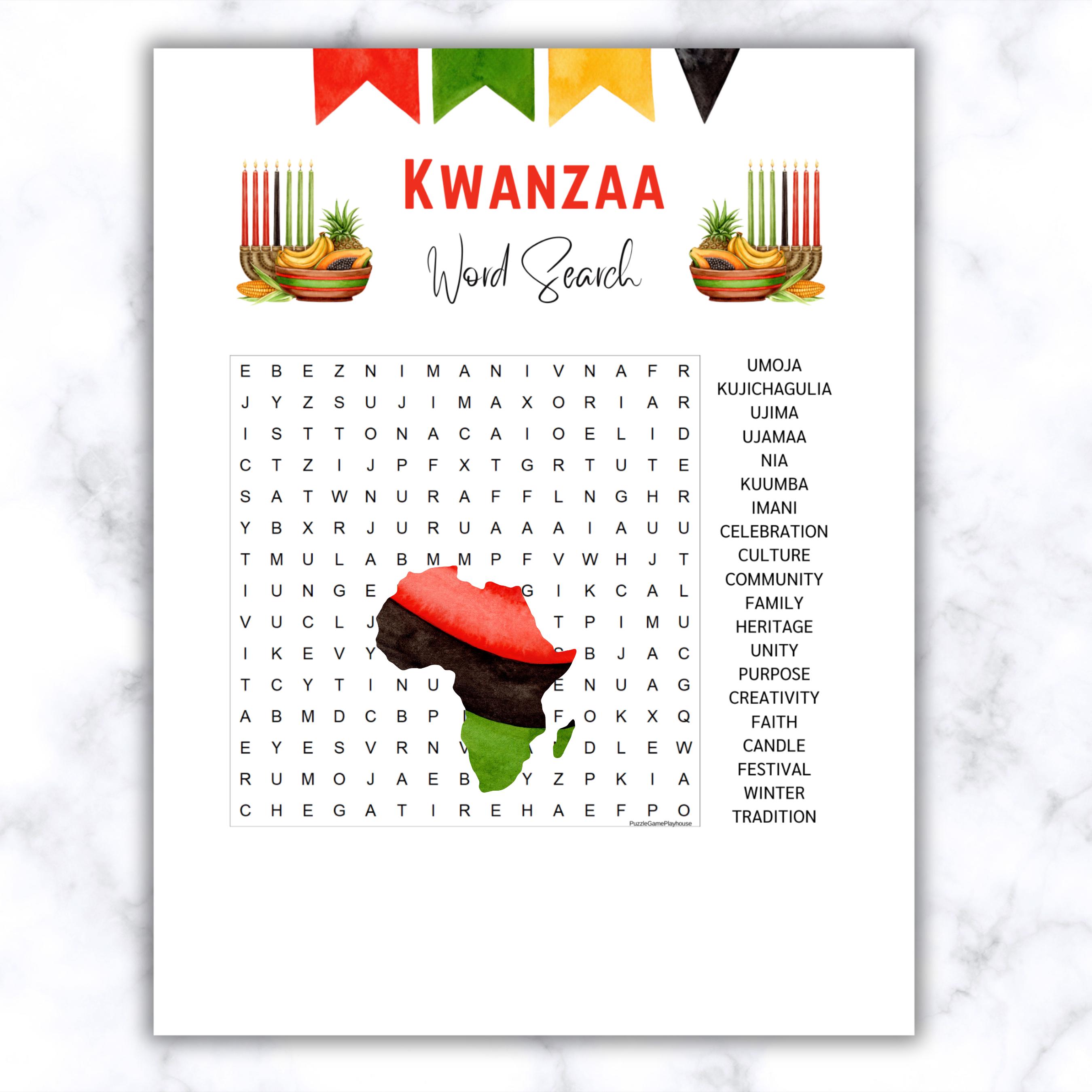 Kwanzaa Word Search Puzzle Celebrate Umoja, Kujichagulia, Ujima Family ...
