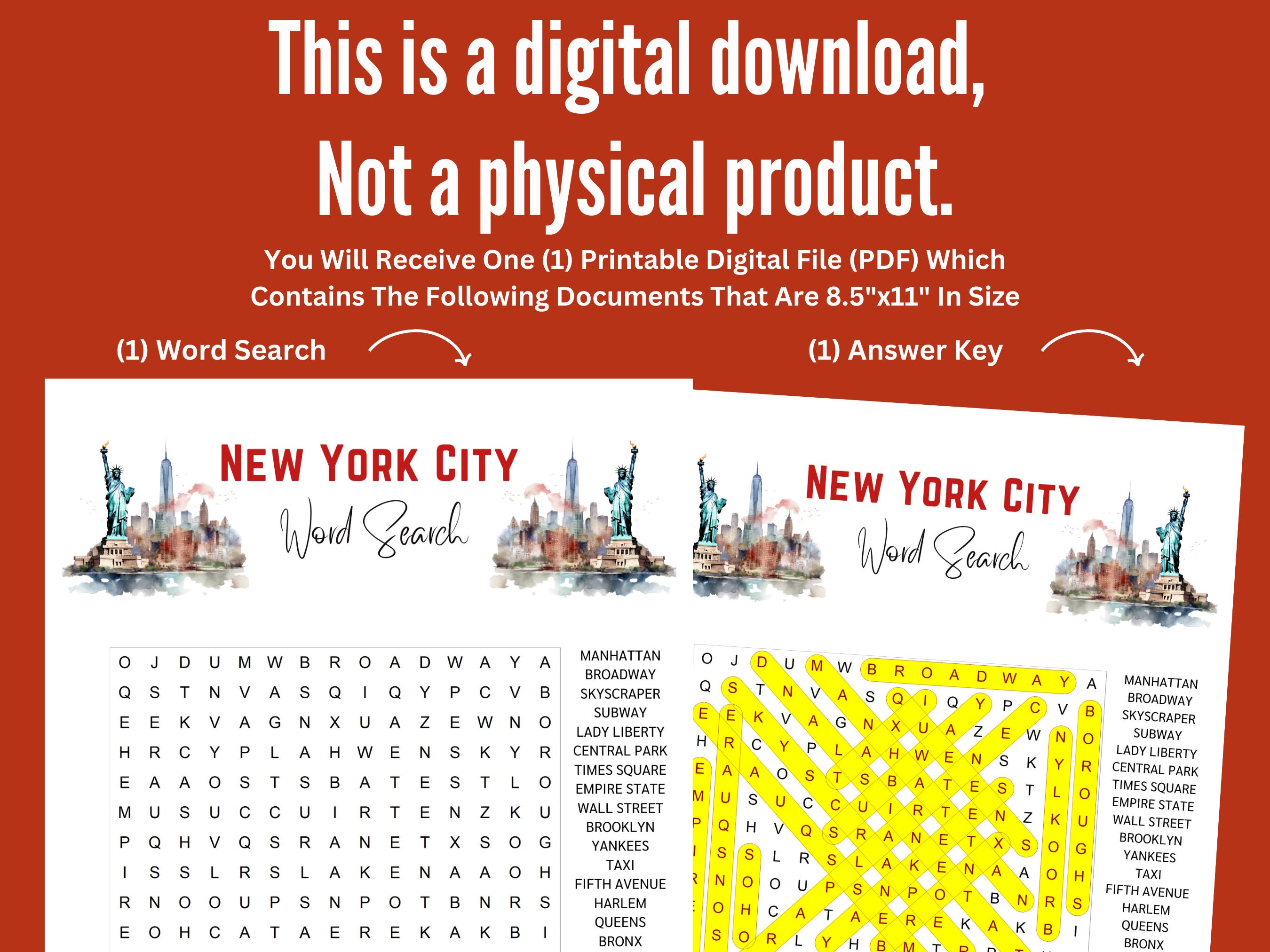 New York City Word Search Puzzle Printable Travel Game Geography Unit ...