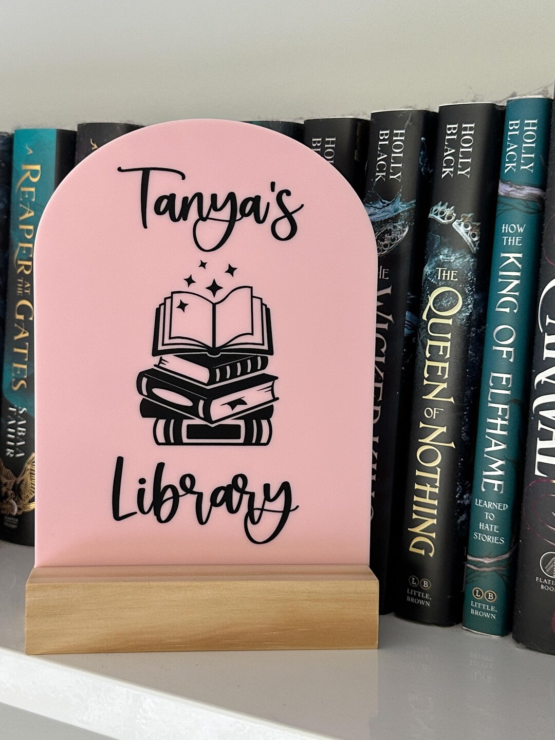 Personalised Acrylic Bookshelf Sign - Stack of Books | Multiple Colours ...