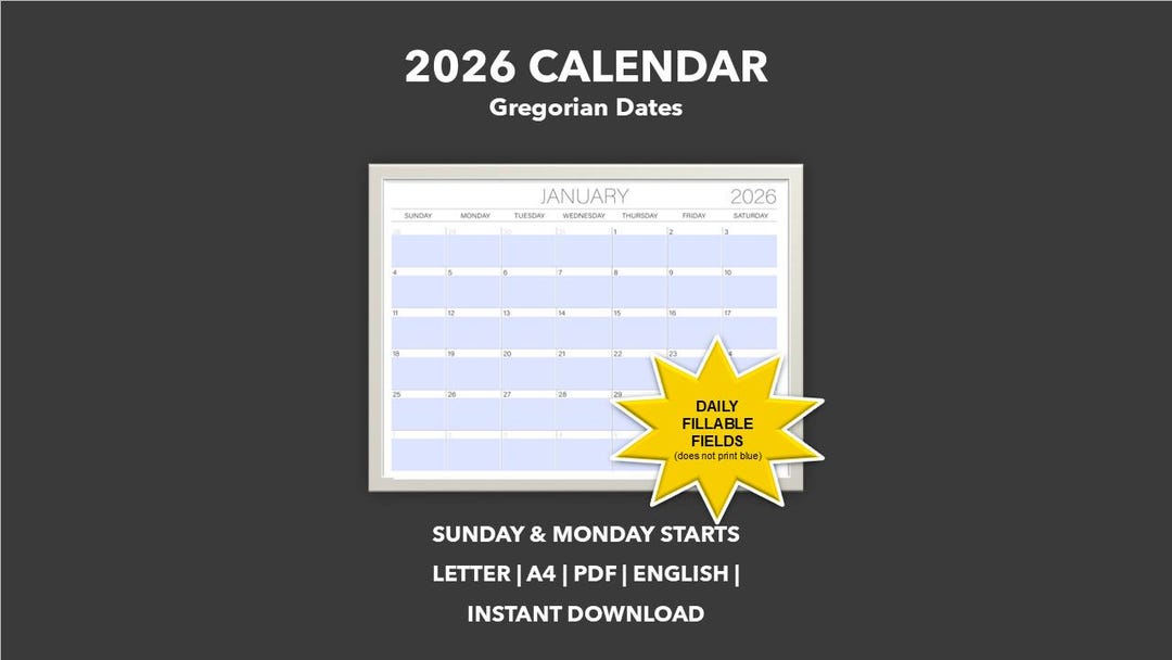 2026 Daily Fillable Fields-gregorian Calendar (printable PDF) - Etsy