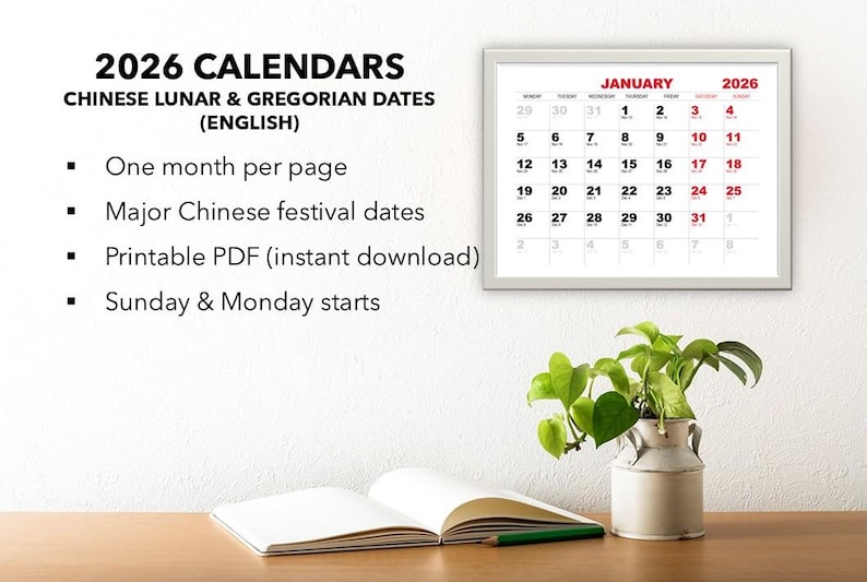 2026 Chinese Lunar Calendar, Gregorian Dates (printable PDF) - Etsy