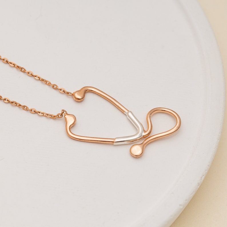Silver and Rose Gold Stethoscope Necklace, Nurse and İntern Doctor ...