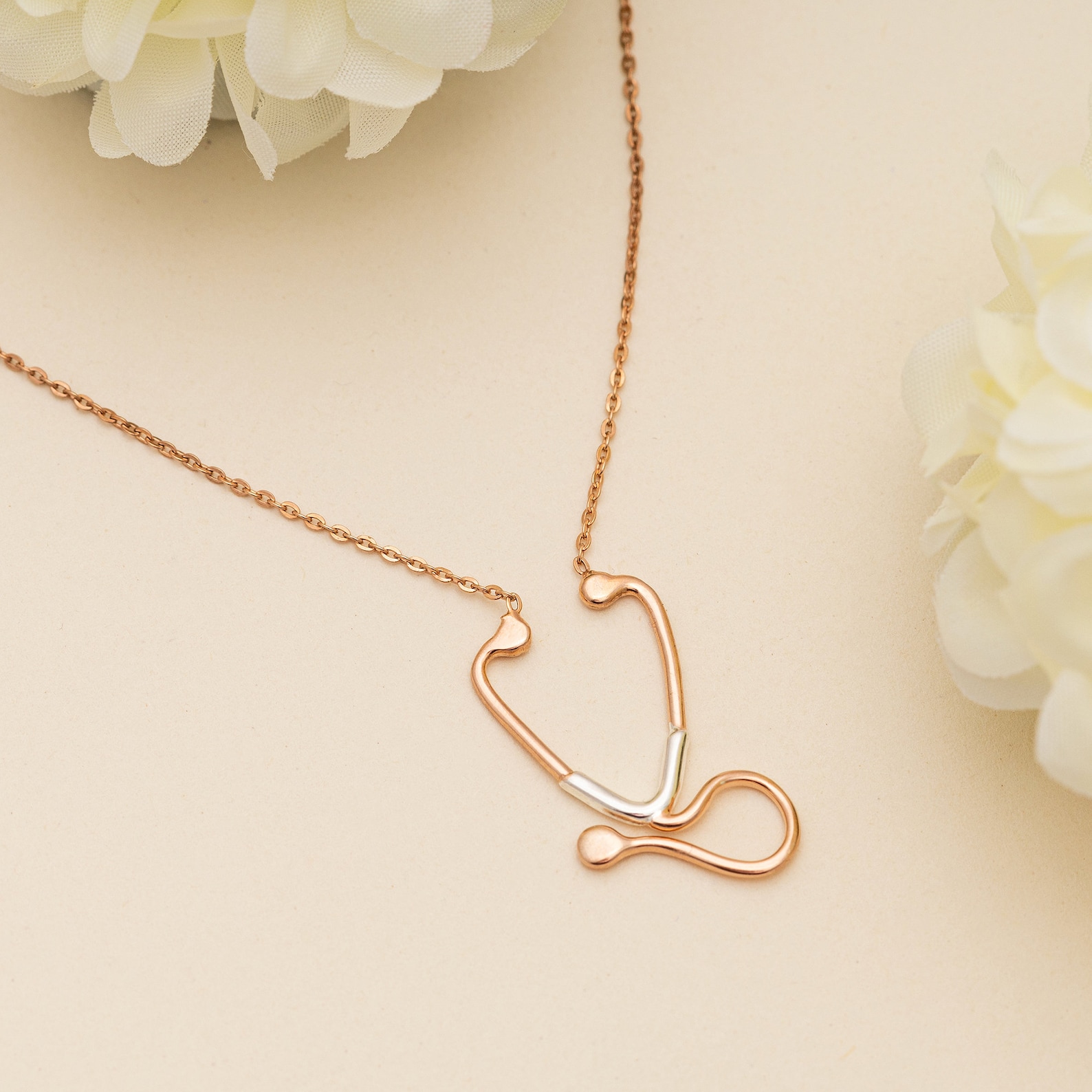 Silver and Rose Gold Stethoscope Necklace, Nurse and İntern Doctor ...
