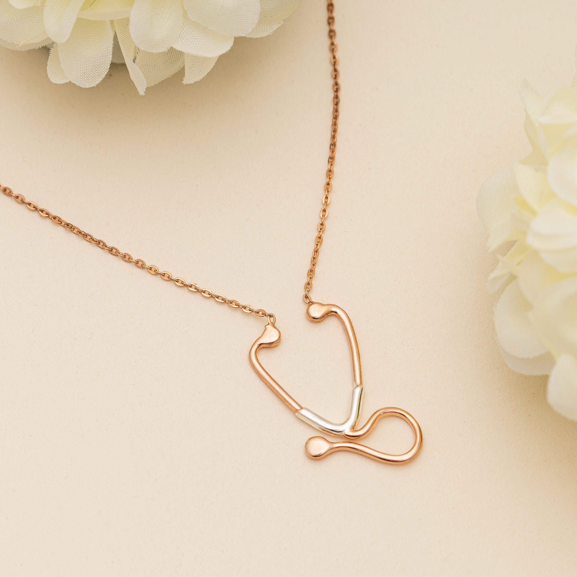 Silver and Rose Gold Stethoscope Necklace, Nurse and İntern Doctor ...