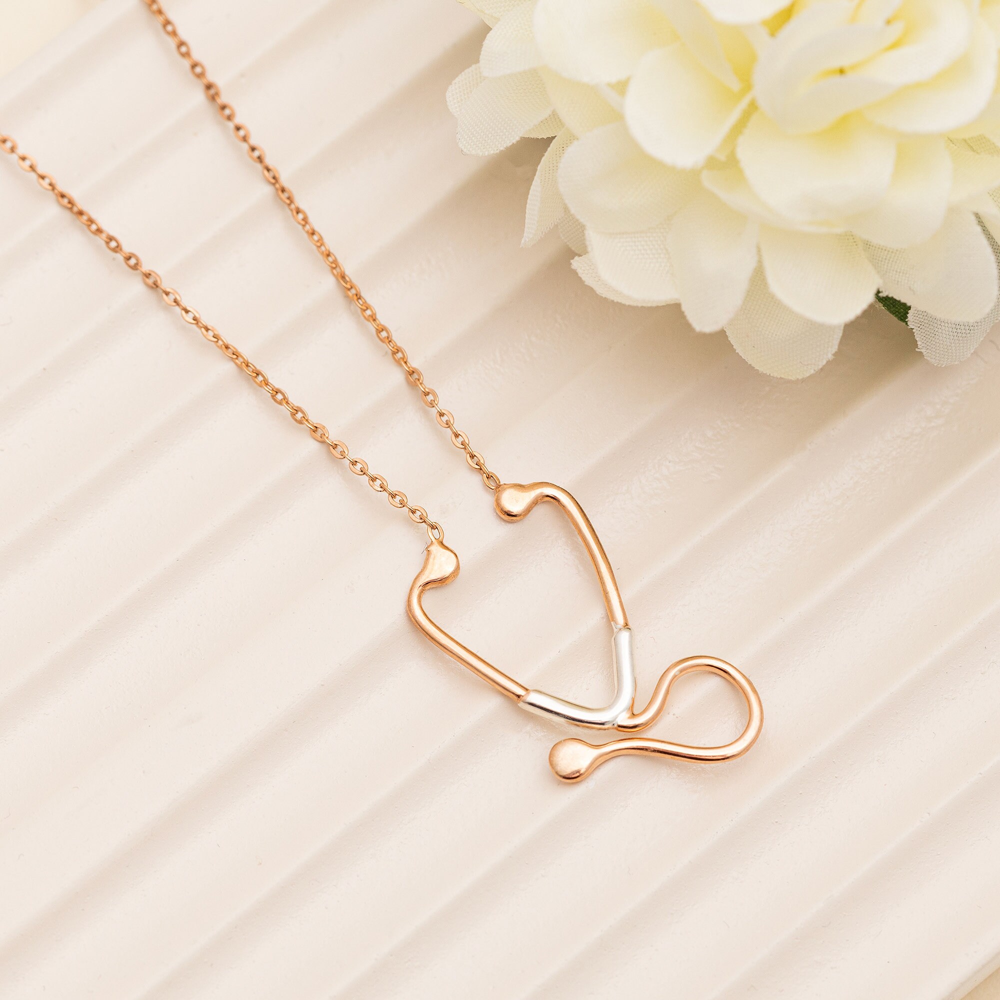 Silver and Rose Gold Stethoscope Necklace, Nurse and İntern Doctor ...