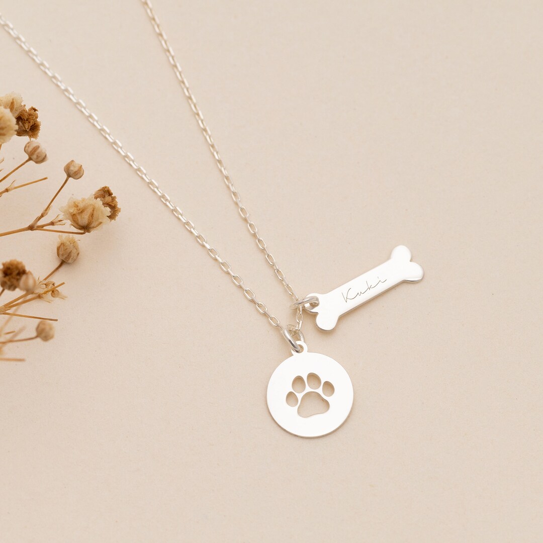 Personalized Dog Charm Necklace, Bone and Paw Jewelry, Dog Name ...