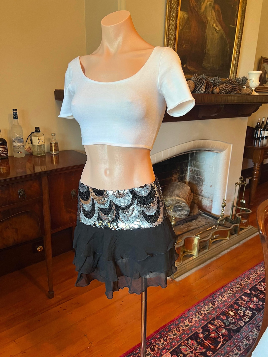 2000s Mini Skirt With Chiffon Tiers and Sequined Drop Waist: Hip Hugger ...