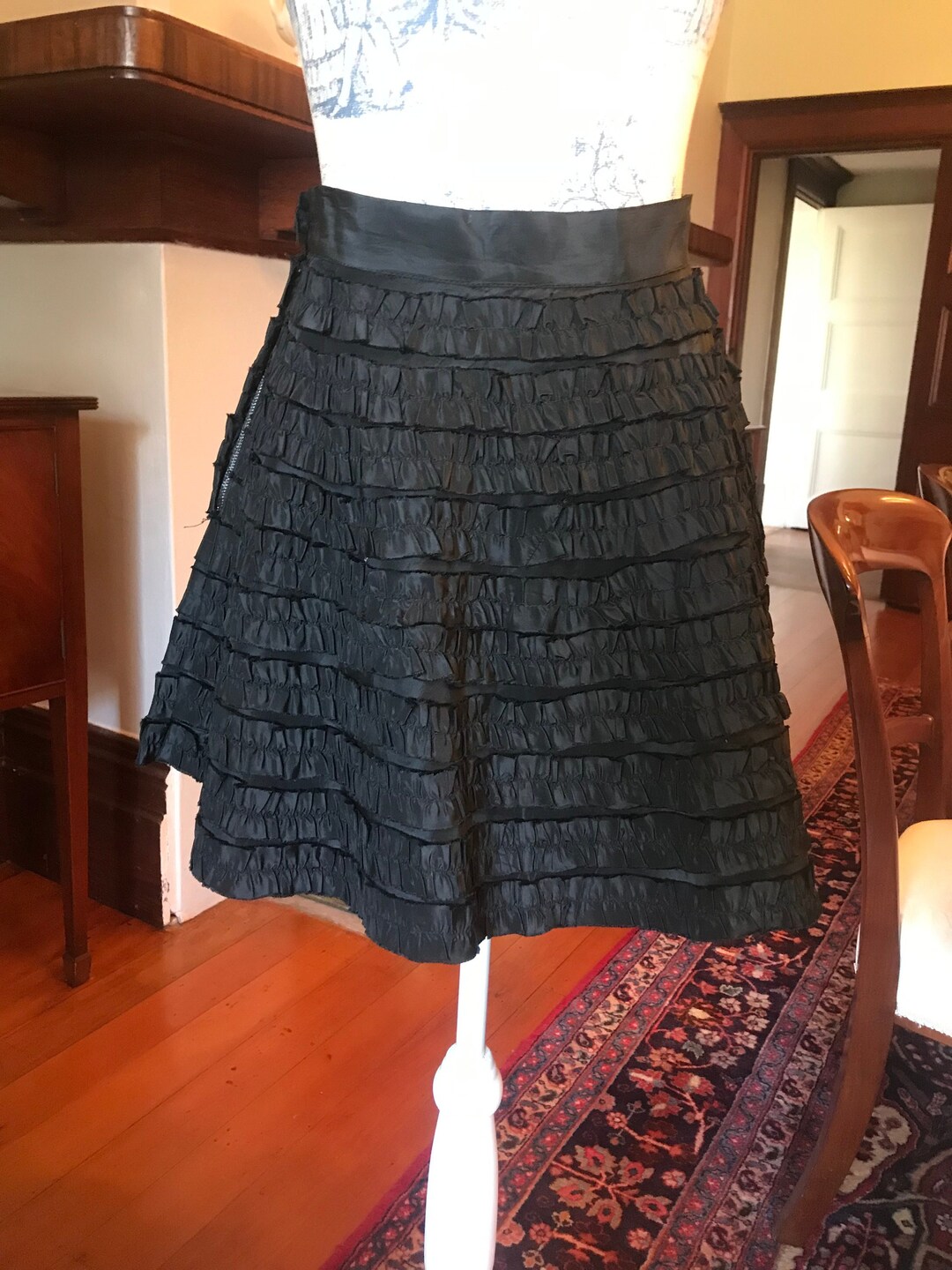 50s Mini Skirt Ruffles: Small, Black, Party, Cocktail, Evening, Taffeta ...
