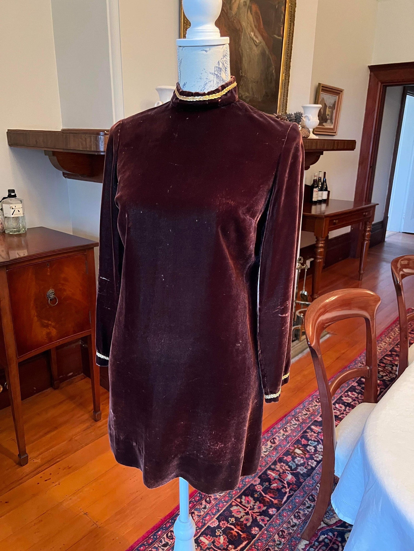 Gold Braiding and Rich Brown 60s Velvet Mini: Long Sleeves, Winter ...
