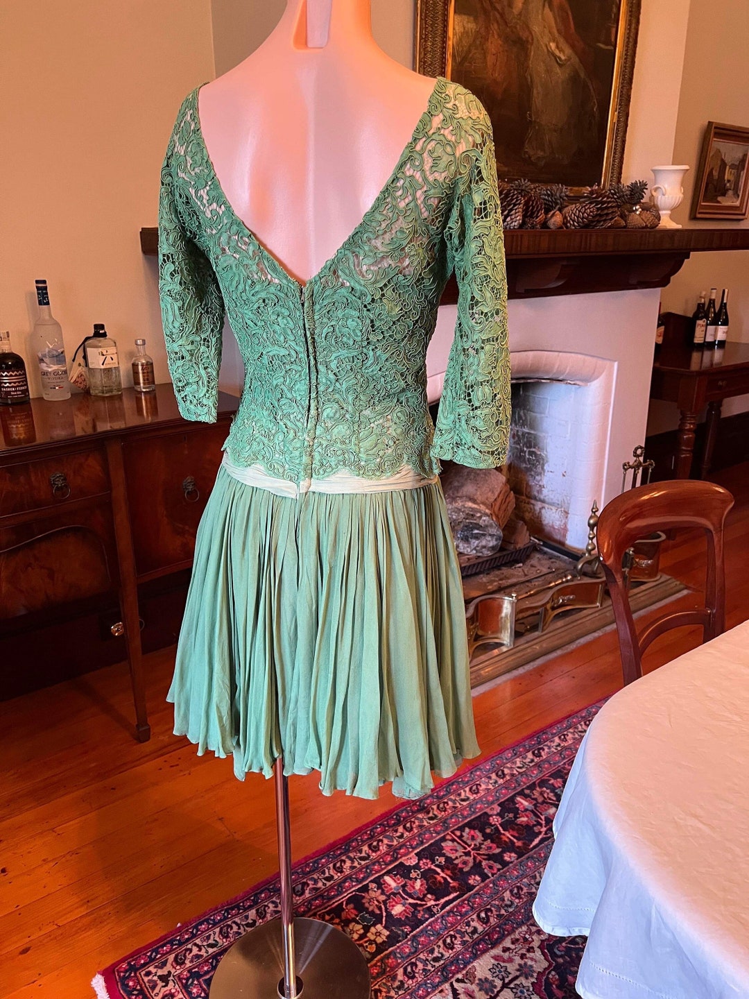 60s Lace and Chiffon Dress With Structured Bust and Drop Waist: Sleeves ...