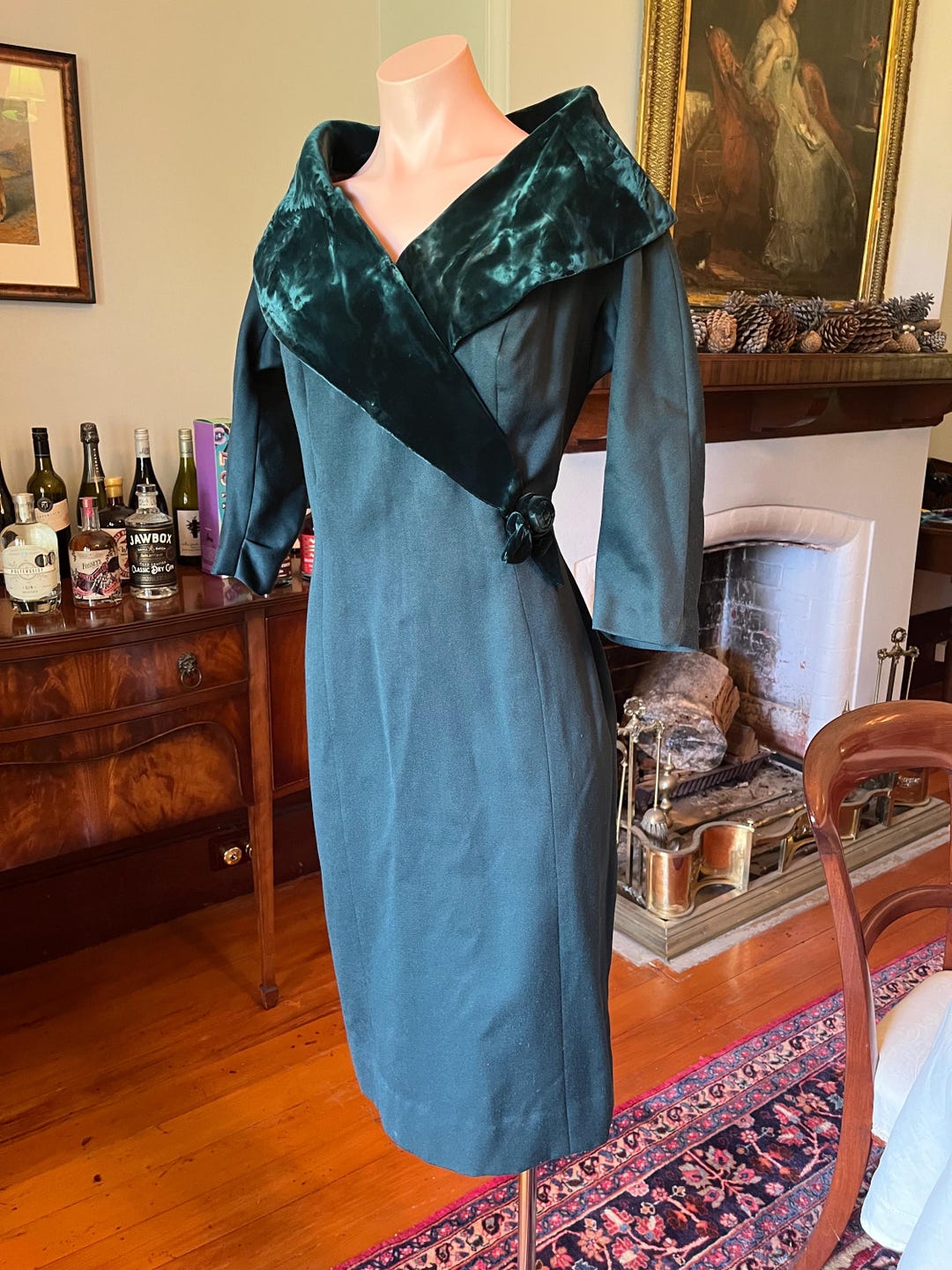 50s Green Wool Dress With Velvet Shawl Collar and Flower Detail - Etsy