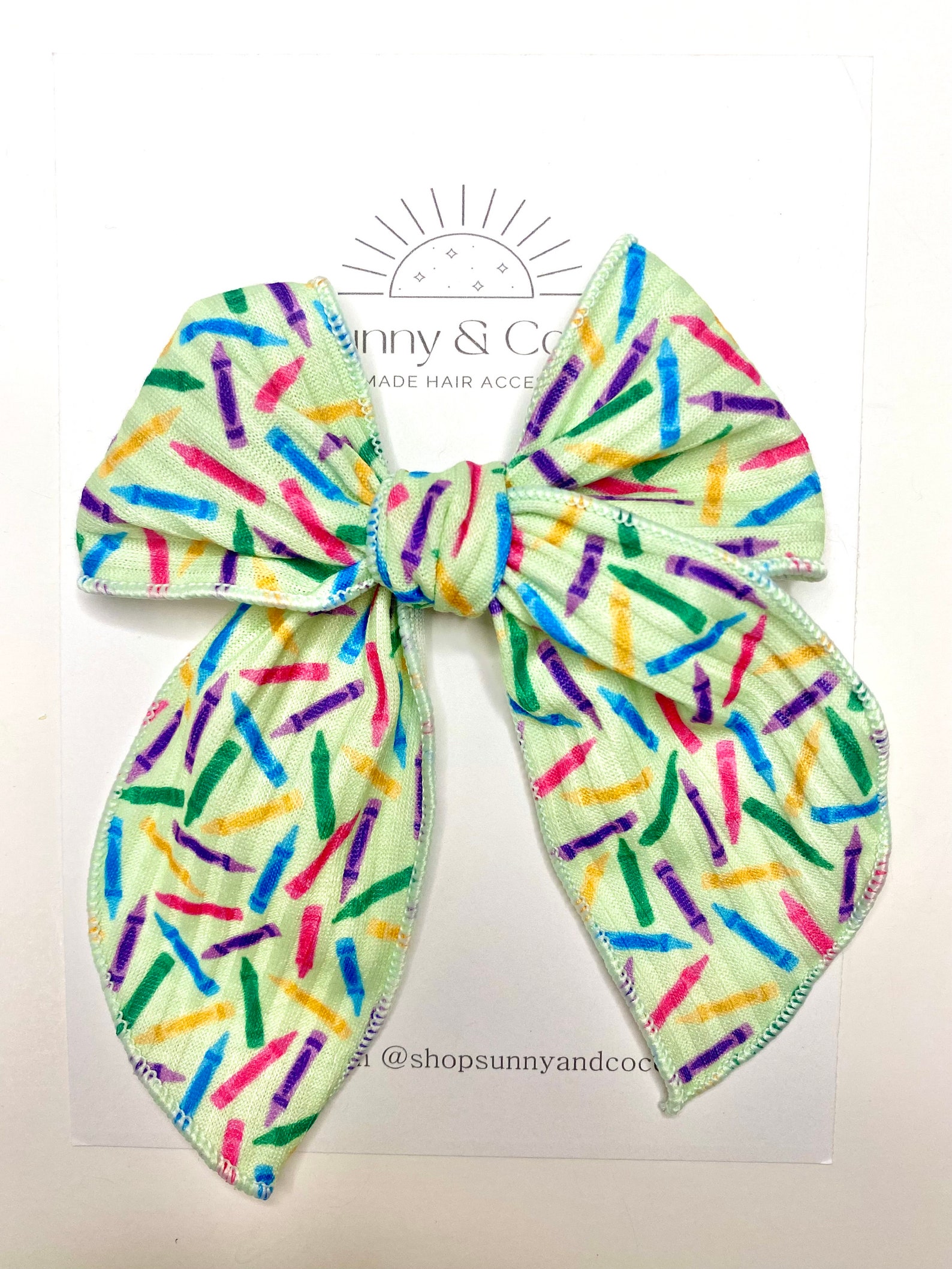 Large Mint Knit Fabric Hair Bow With Crayon Print on Alligator Clip ...