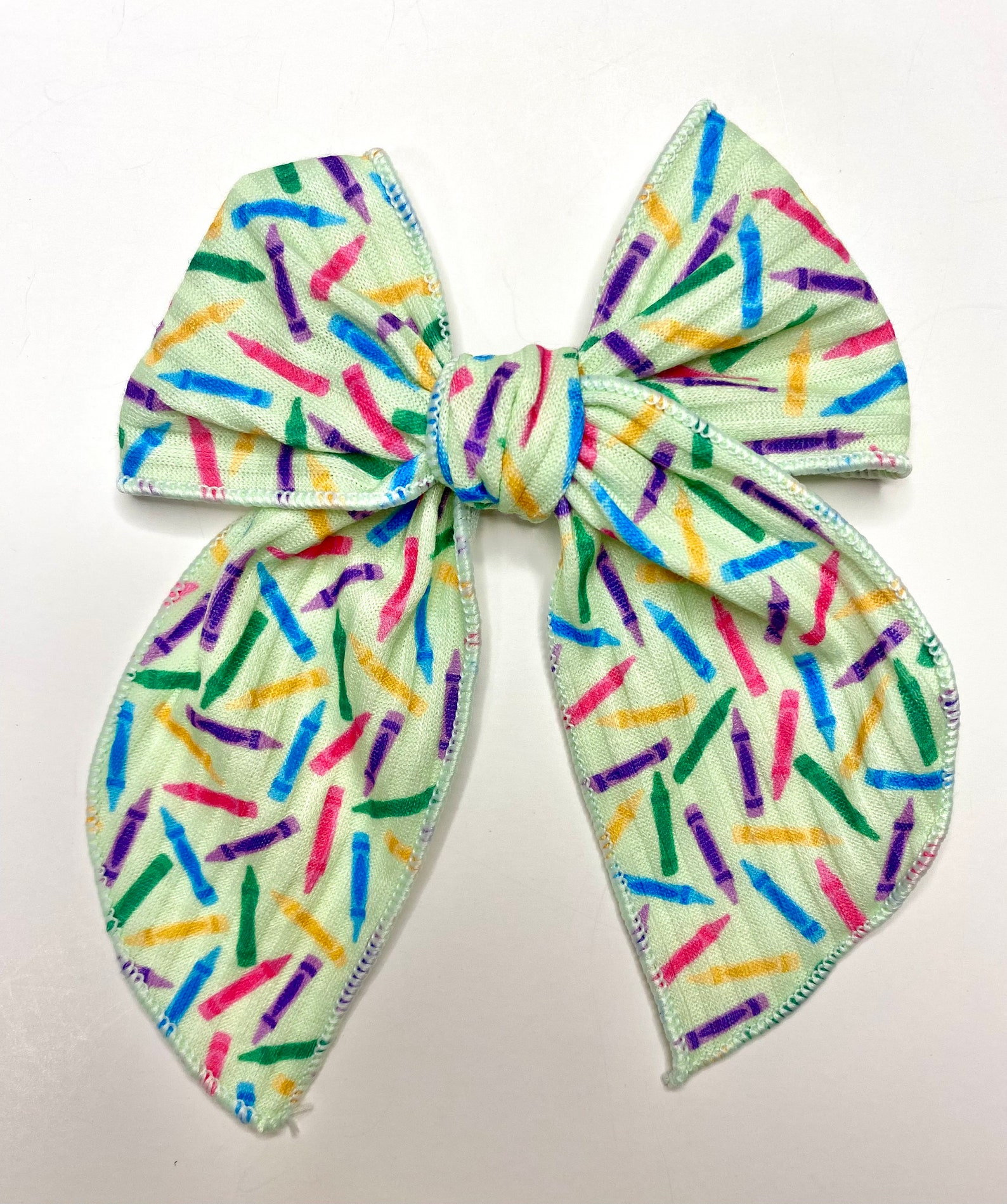 Large Mint Knit Fabric Hair Bow With Crayon Print on Alligator Clip ...