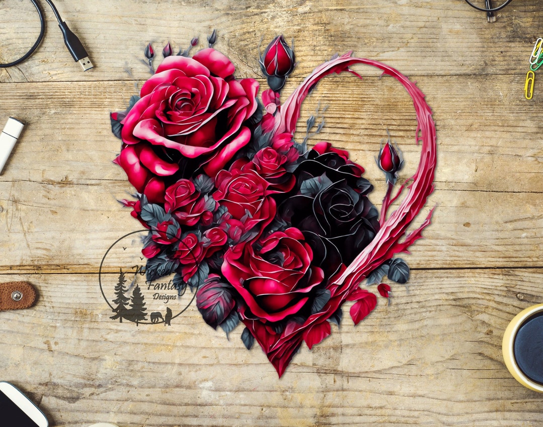 UVDTF Decal Red and Black Rose Flower Arrangement Heart Transparent ...