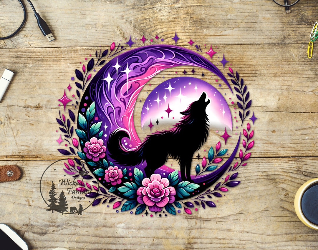 UVDTF Decal Howling Wolf Crescent Moon Stars Crystals Purple Magenta ...