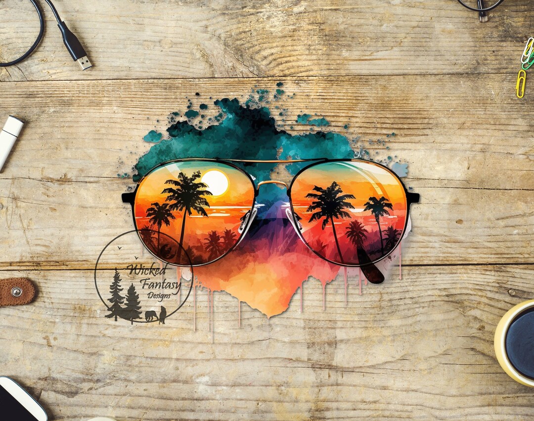 UVDTF Decal Aviator Sunglasses Beach Sunset Watercolor Transparent ...