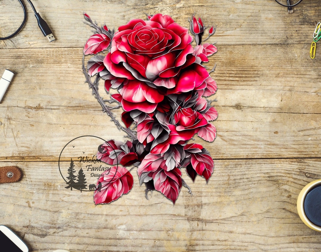 UVDTF Decal Red Rose With Thorns Flower Arrangement Transparent ...