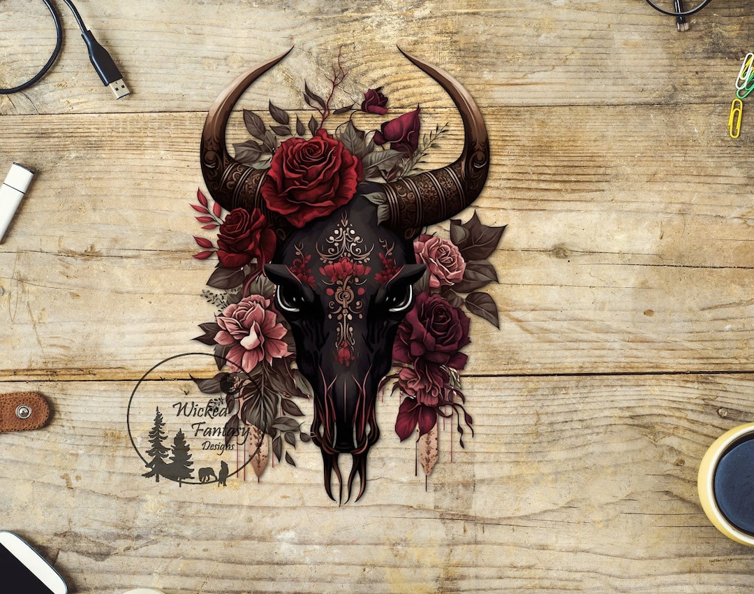UVDTF Decal Southwestern Black and Red Rose Gothic Cow Skull ...
