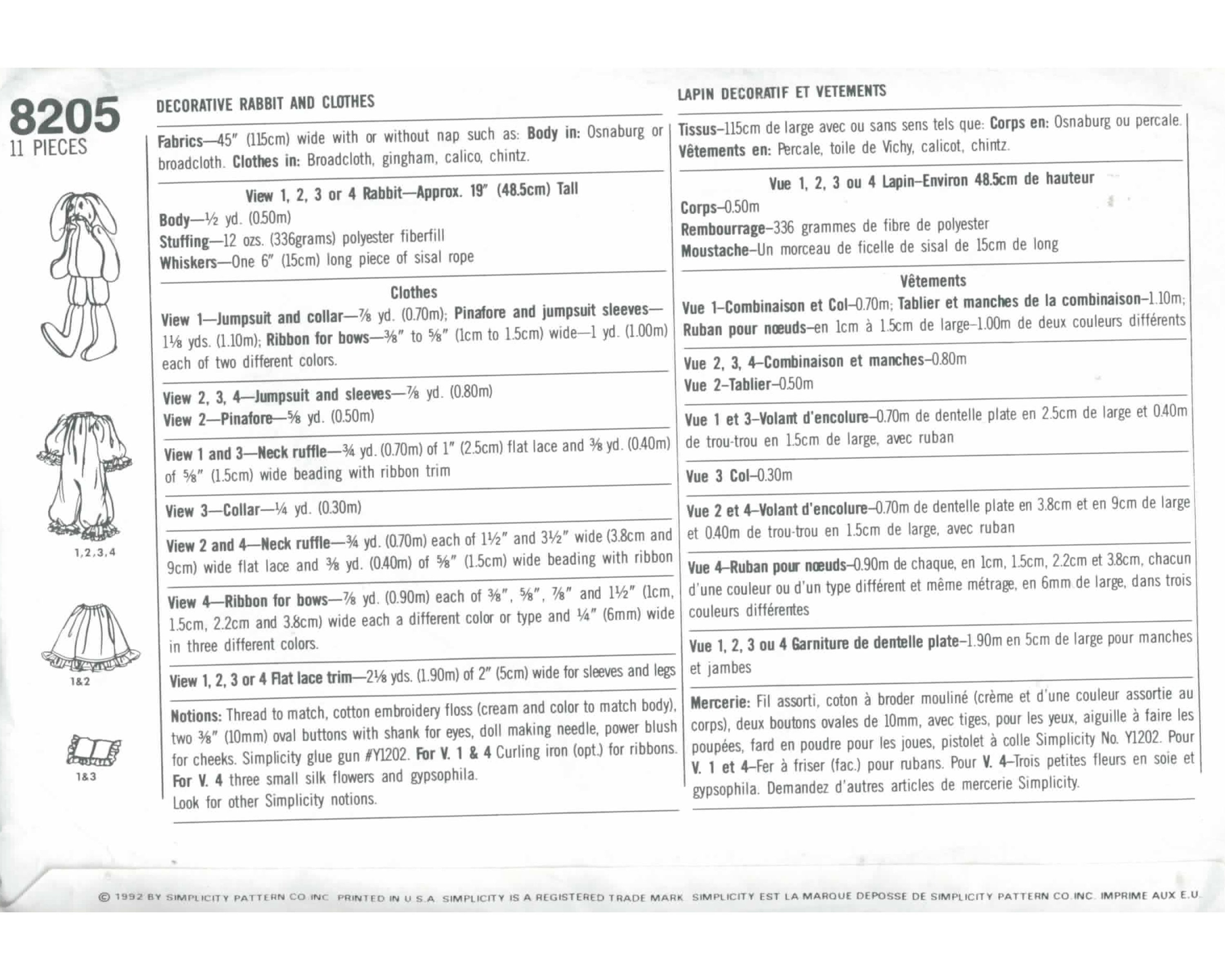 Simplicity 8205, Vintage 1990s Craft Sewing Pattern, One Size, Bunny ...