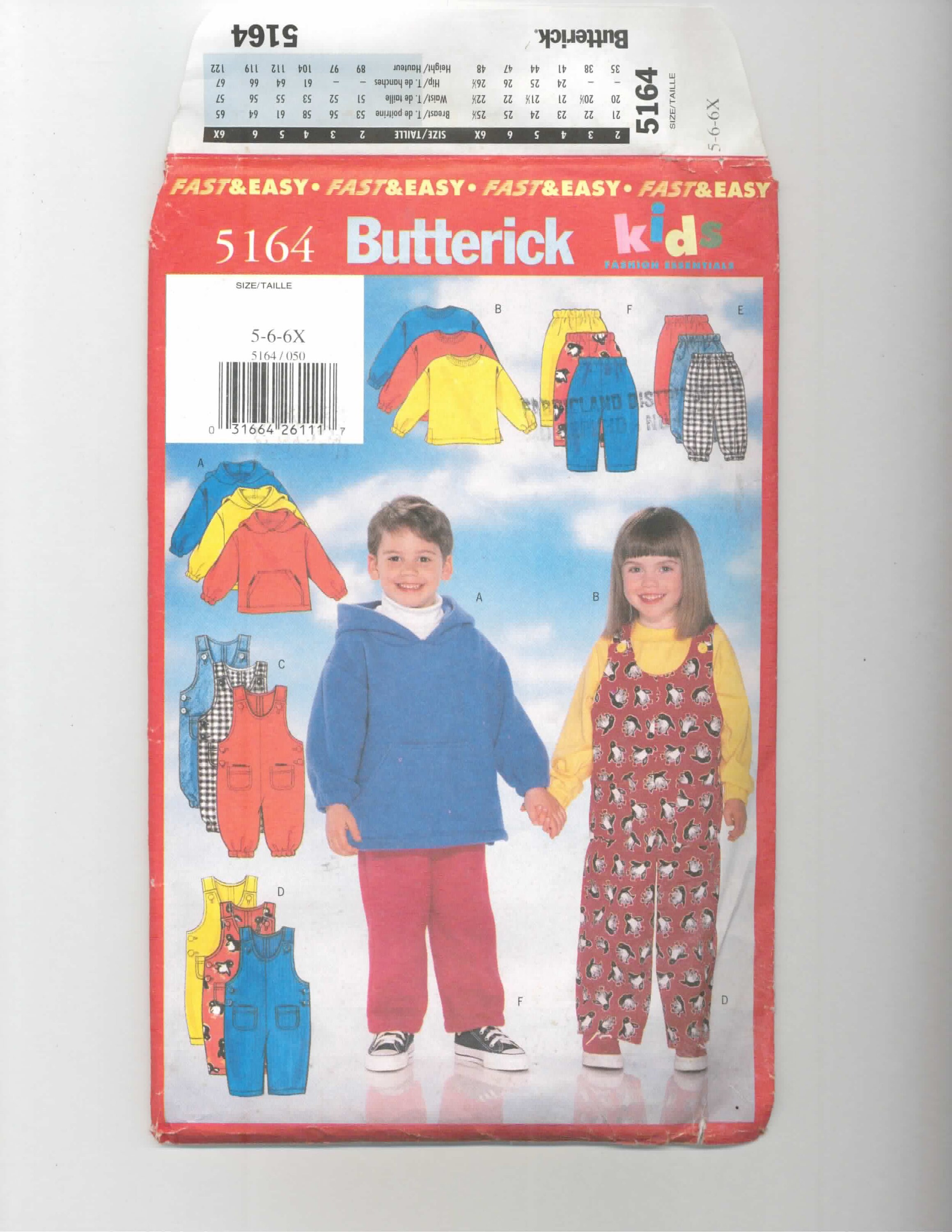 Butterick, 5164 Sewing Pattern, Vintage 90s Pattern, Kids Sizes 5,6,6X ...