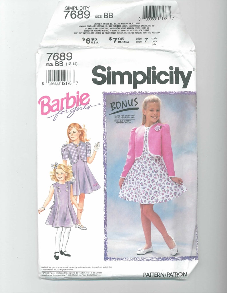 Simplicity, 7689, 1990s Sewing Pattern, Girls Barbie Costume, BB (12-14 ...