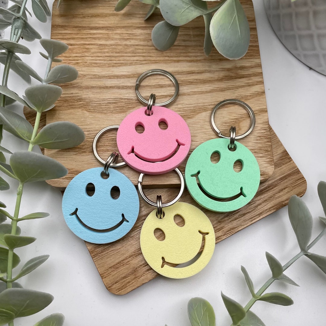 Pastel Smiley Face Keyring: 3D Printed Charm, Dog Tag - Etsy