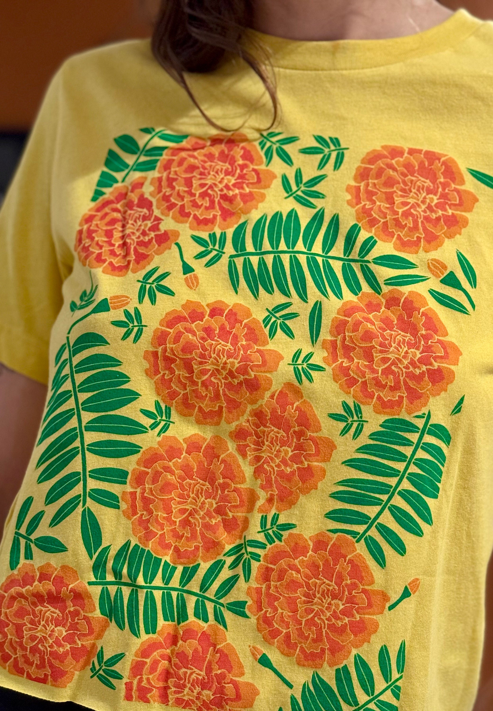 Marigold Crop Top, Screen Printed, Hand Printed, Floral Print - Etsy