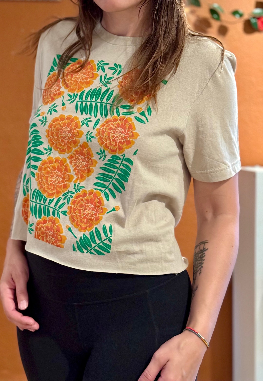 Marigold Crop Top, Screen Printed, Hand Printed, Floral Print - Etsy