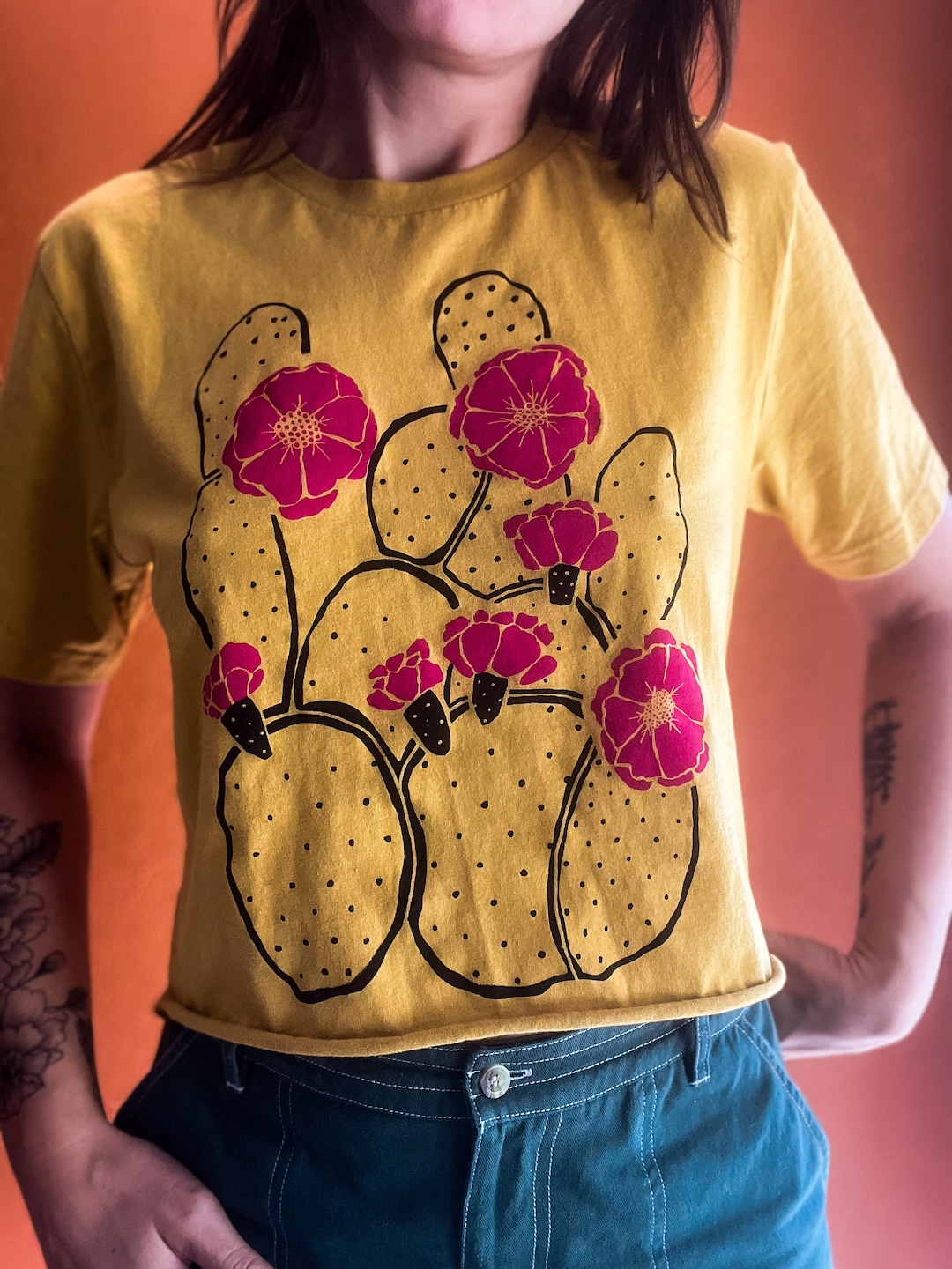 Cactus Crop Top and T-shirt, Screen Printed, Hand Printed, Prickly Pear ...