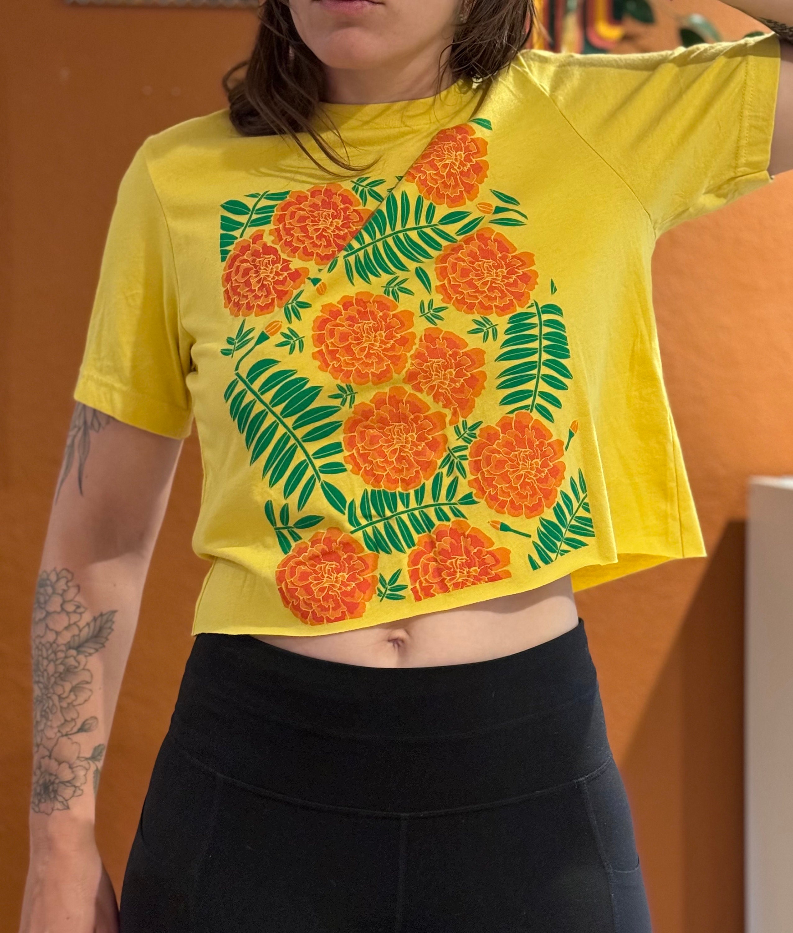 Marigold Crop Top, Screen Printed, Hand Printed, Floral Print - Etsy
