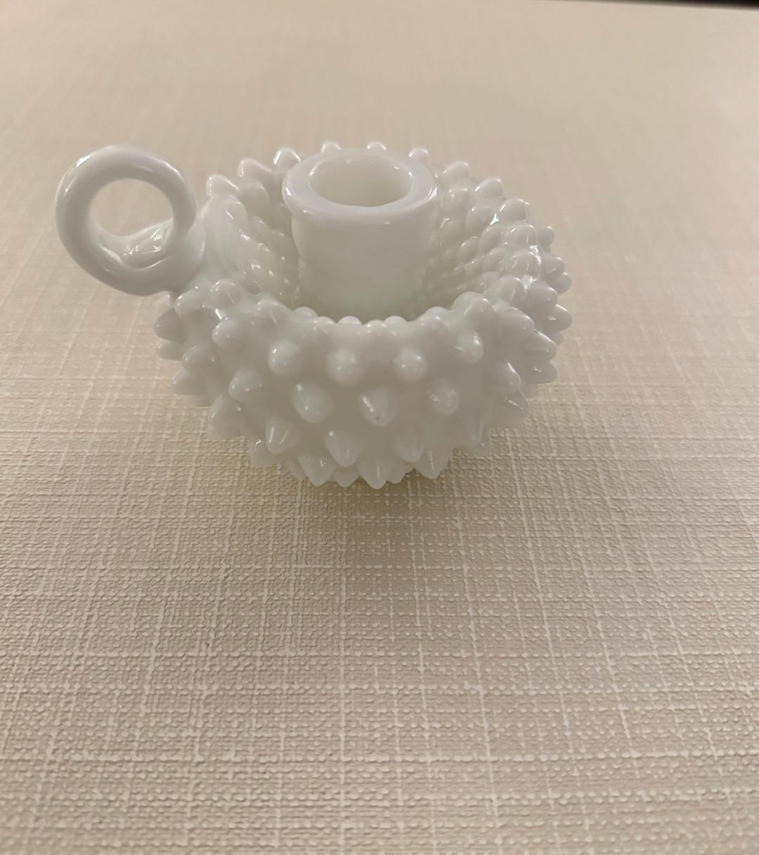 Hobnail Milk Glass Candle Holder – Mid Century White Glass Chamberstick ...
