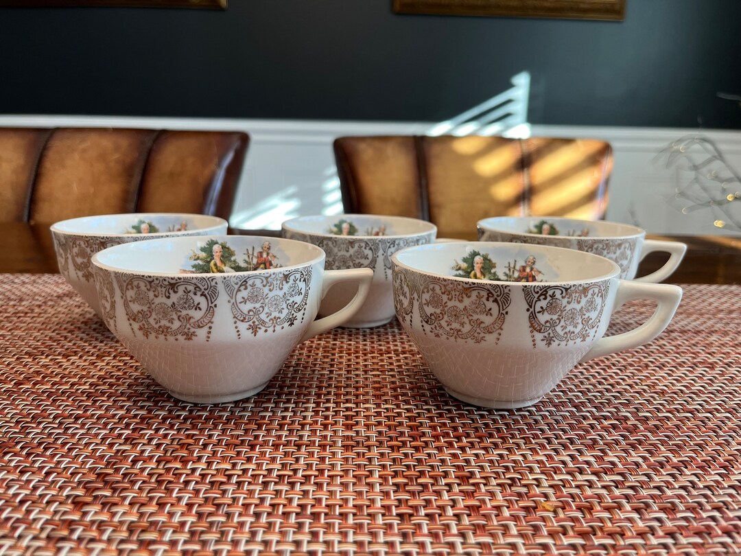 Vintage Courting Couple/colonial Garden Scene Tea Cups, Gold Filagree ...