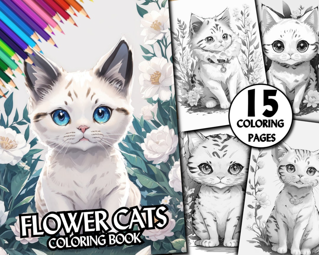 15 Cute Flower Cat Coloring Book Kids Adults Coloring Pages - Etsy