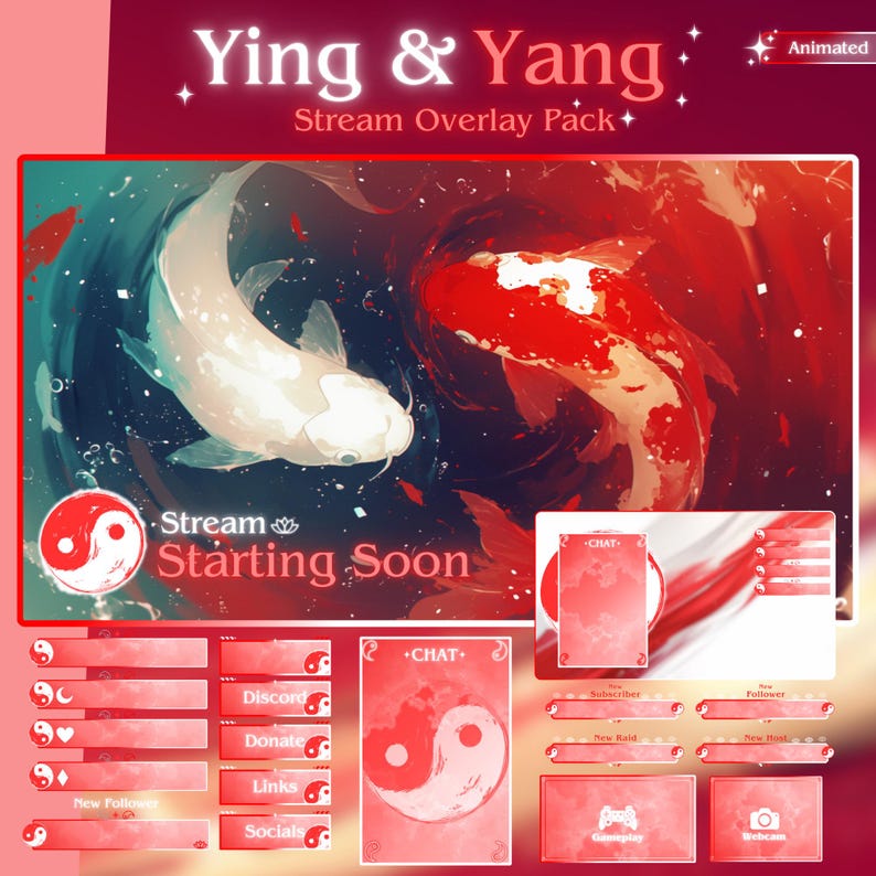 Red Ying and Yang Stream Overlay Bundle for Twitch | Cute Twitch Pack ...