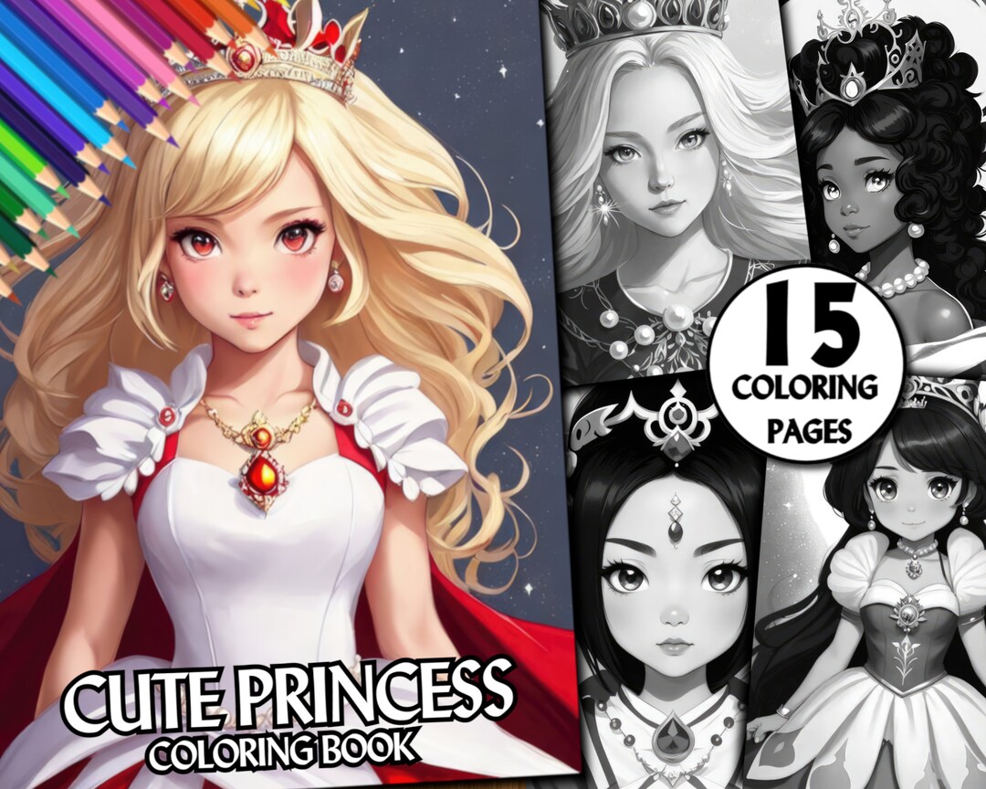 15 Pretty Princess Coloring Book Kids Adults Coloring Pages Grayscale ...
