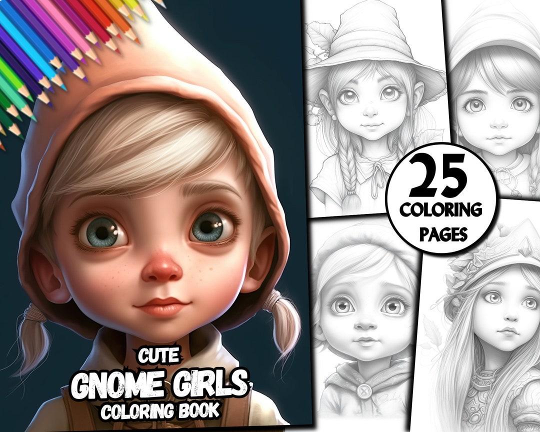 25 Cute Gnome Girls Grayscale Coloring Page Kids Adults Coloring Book ...