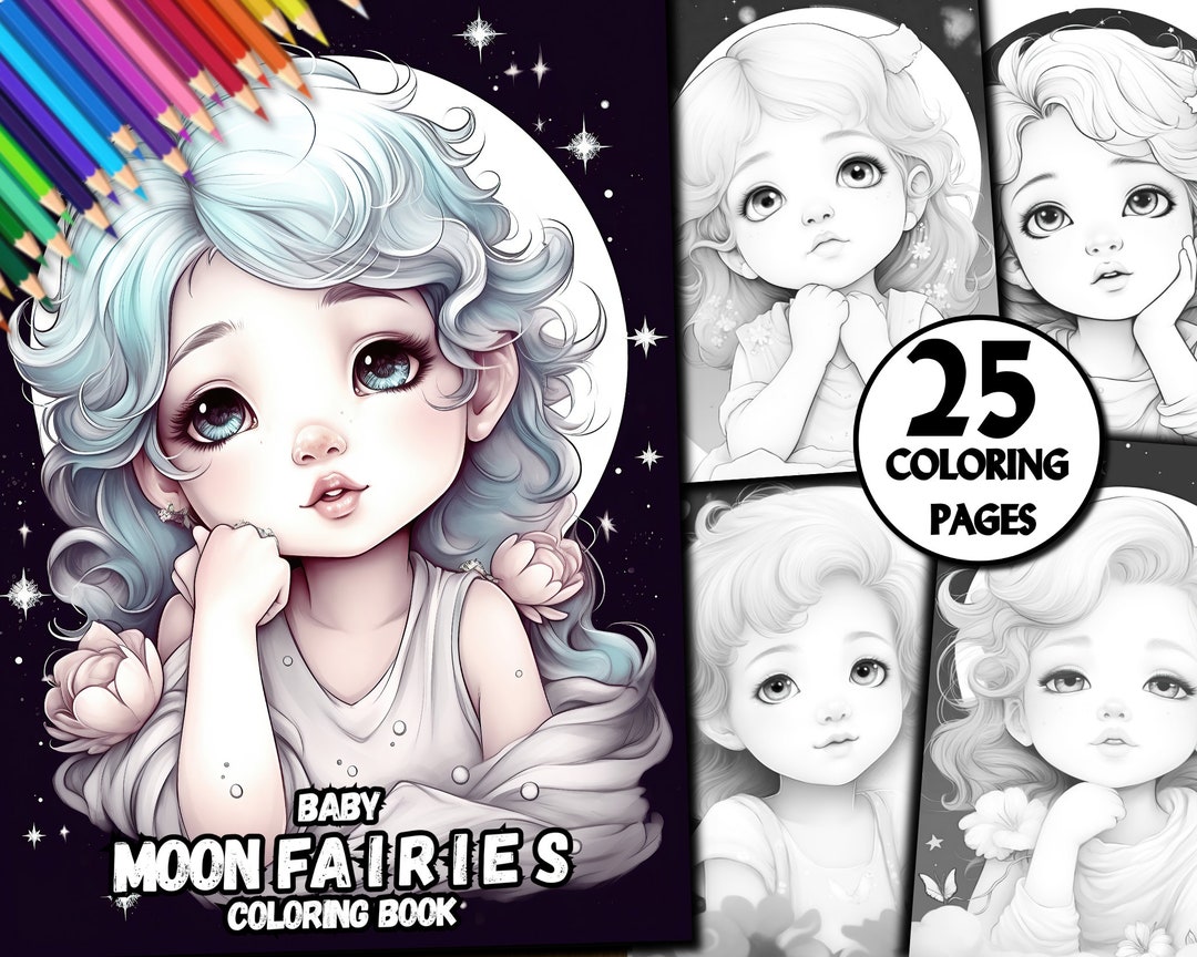 25 Cute Baby Moon Fairies Girl Grayscale Coloring Page Kids - Etsy