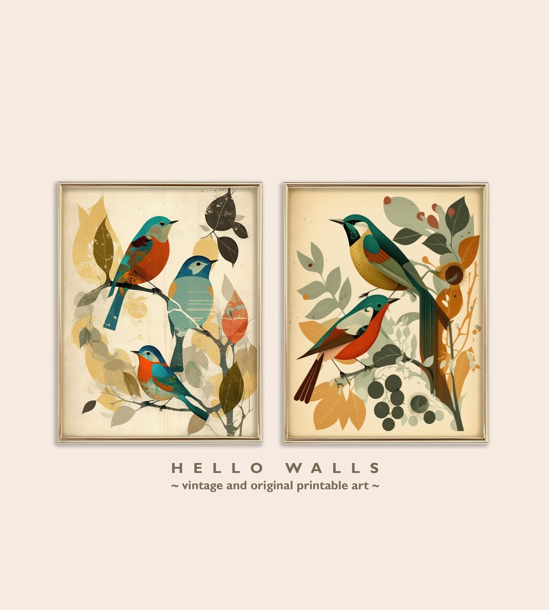 Gallery Wall SET of 2 Birds Mid Century Wall Art Prints Gallery Wall ...